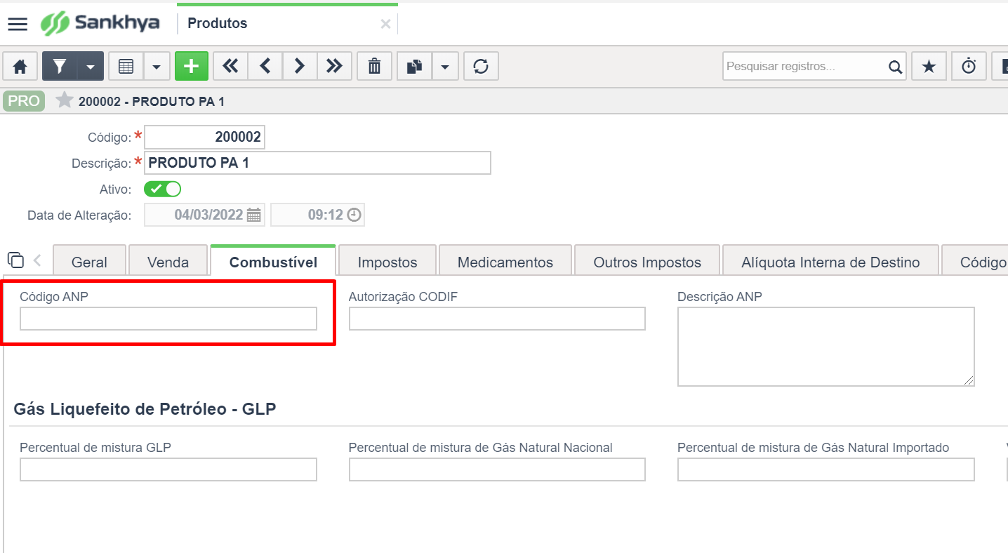 Código de Produto ANP inexistente – Sankhya Gestão de Negócios