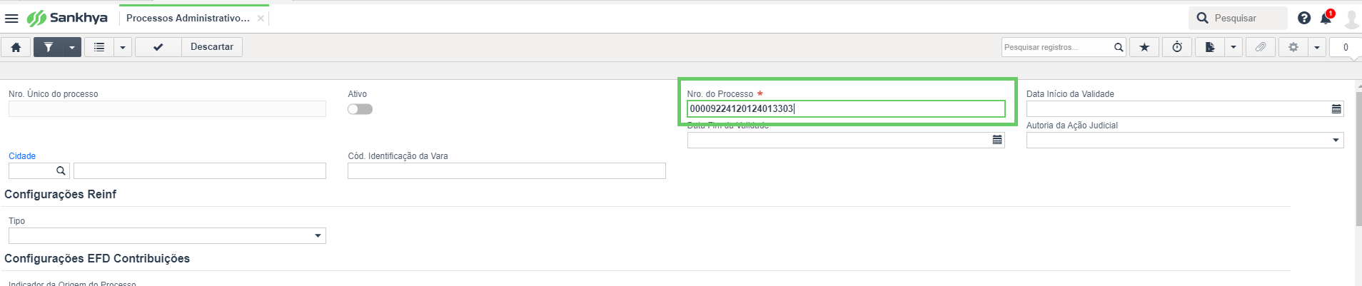 Solução do erro: Número de processo inválido – Sankhya Gestão de Negócios